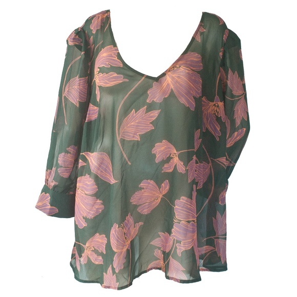 Modcloth | Tops | Modcloth 2x Green Semi Sheer Floral Puff Sleeve ...